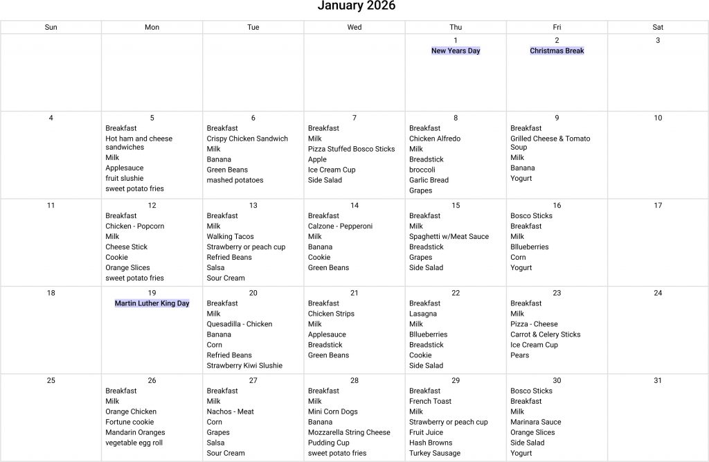 January Lunch Menu – Holy Name Catholic School